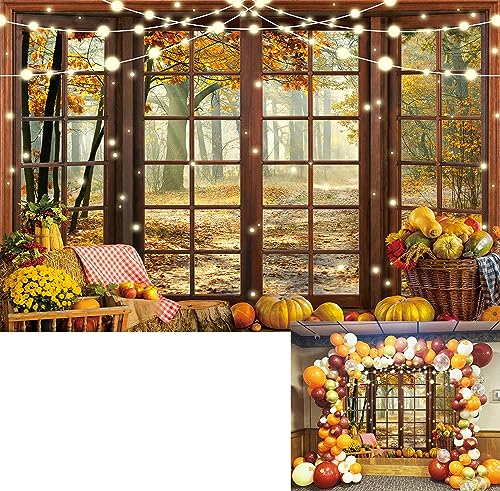 PGSWEER 7x5ft Fall Forest Window Backdrop Thanksgiving Autumn Photography Background Give Thanks Fall Family Party Photo Shoot Studio Prop