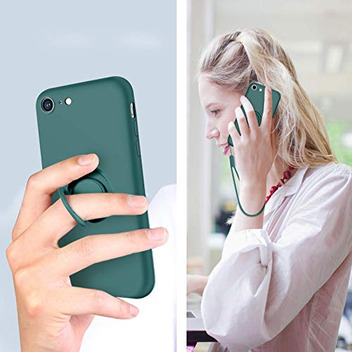 SouliGo iPhone SE 2022 Case, iPhone SE 2020 Case, iPhone 8 Case, iPhone 7 Case, Slim Silicone Soft Rubber Shockproof Protective Ring Kickstand Hybrid Hard Protection Girls Women Phone Cover,Dark Green