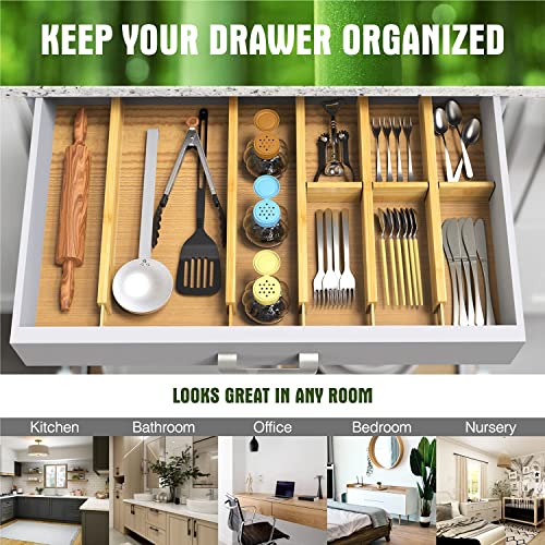 ANTOWIN Bamboo Drawer Dividers Organizers, Drawer Separators Splitter,13-17 inches Long Adjustable Spring-loaded Organizer for Large Utensil, Clothes, Tools Drawers (4+3)