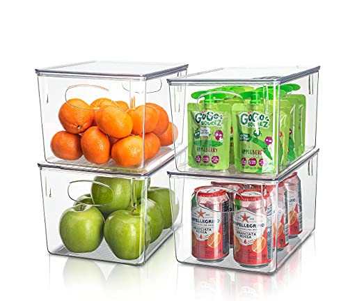 Sorbus Plastic Storage Clear Bins with Lid, Stackable Pantry Organizer Box Bin Containers for Organizing Kitchen Fridge, Food, Snack Pantry Cabinet, Fruit, Vegetables, Bathroom Supplies 4 Pack