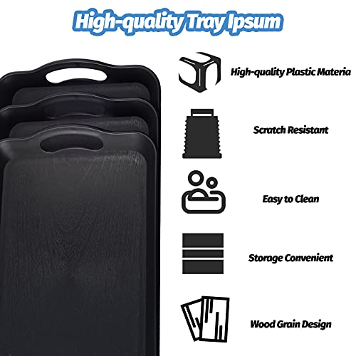 LEEHOWA 3 Pack 16β Plastic Tray with Handles Rectangle Serving Set, Breakfast Trays Handles, Restaurant Set for Food, Waterproof and Non Slip Tray(Black Wood Grain)