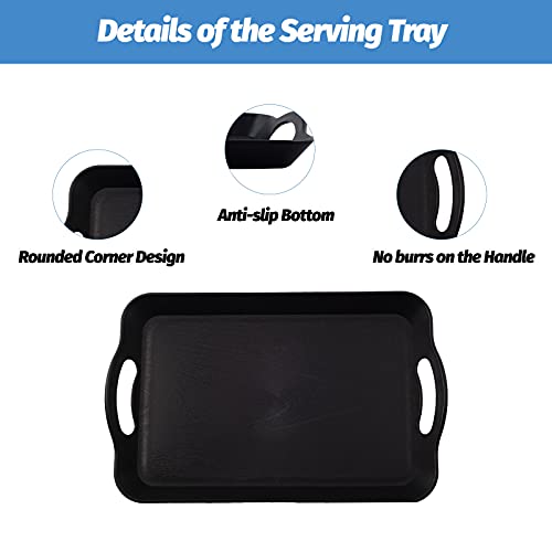 LEEHOWA 3 Pack 16β Plastic Tray with Handles Rectangle Serving Set, Breakfast Trays Handles, Restaurant Set for Food, Waterproof and Non Slip Tray(Black Wood Grain)