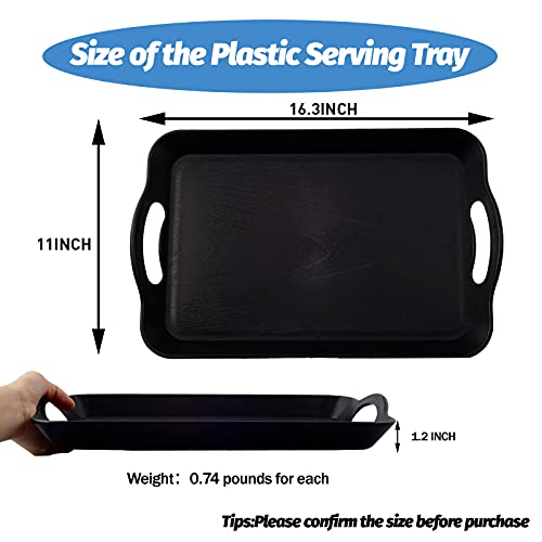 LEEHOWA 3 Pack 16β Plastic Tray with Handles Rectangle Serving Set, Breakfast Trays Handles, Restaurant Set for Food, Waterproof and Non Slip Tray(Black Wood Grain)
