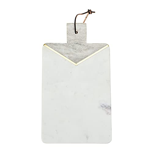 Boho 2-Tone Marble Charcuterie or Cutting Board with Brass Inlay and Leather Tie, Gray and White