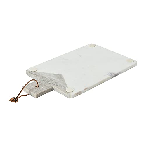Boho 2-Tone Marble Charcuterie or Cutting Board with Brass Inlay and Leather Tie, Gray and White
