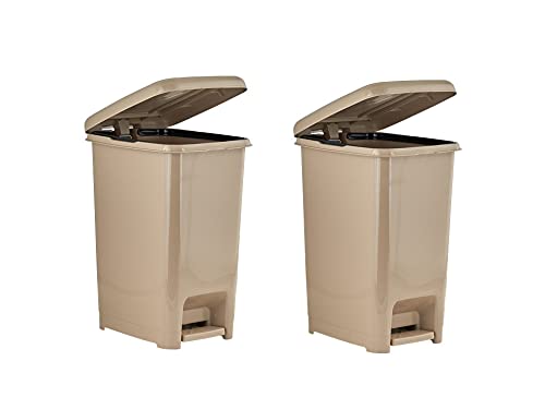 Superio 2.5 Gal Slim Step On Pedal Plastic Trash Can, 2 Pack Waste Bin for Under Desk, Office, Bedroom, Bathroom- 10 Qt, Black (Beige)