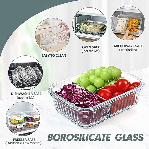 KOMUEE Glass Meal Prep Containers 3 Compartment with lids, 5 Pack 36 oz, Airtight Food Storage Glass Lunch Bento Box, Dishwasher and Microwave Safe,White