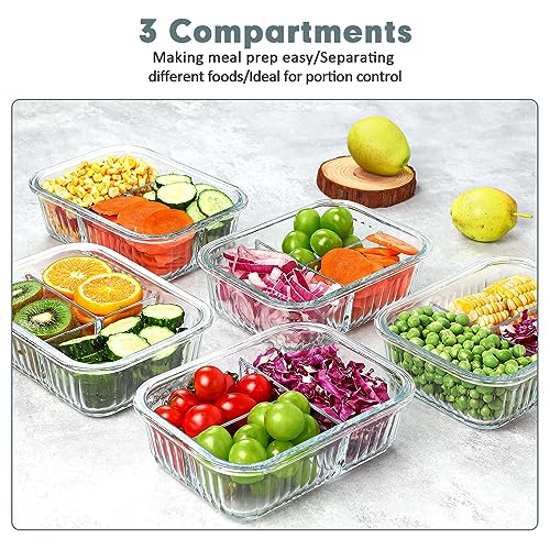 KOMUEE Glass Meal Prep Containers 3 Compartment with lids, 5 Pack 36 oz, Airtight Food Storage Glass Lunch Bento Box, Dishwasher and Microwave Safe,White