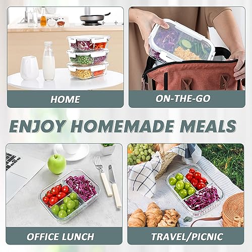 KOMUEE Glass Meal Prep Containers 3 Compartment with lids, 5 Pack 36 oz, Airtight Food Storage Glass Lunch Bento Box, Dishwasher and Microwave Safe,White
