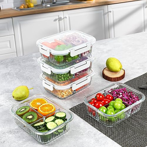 KOMUEE Glass Meal Prep Containers 3 Compartment with lids, 5 Pack 36 oz, Airtight Food Storage Glass Lunch Bento Box, Dishwasher and Microwave Safe,White