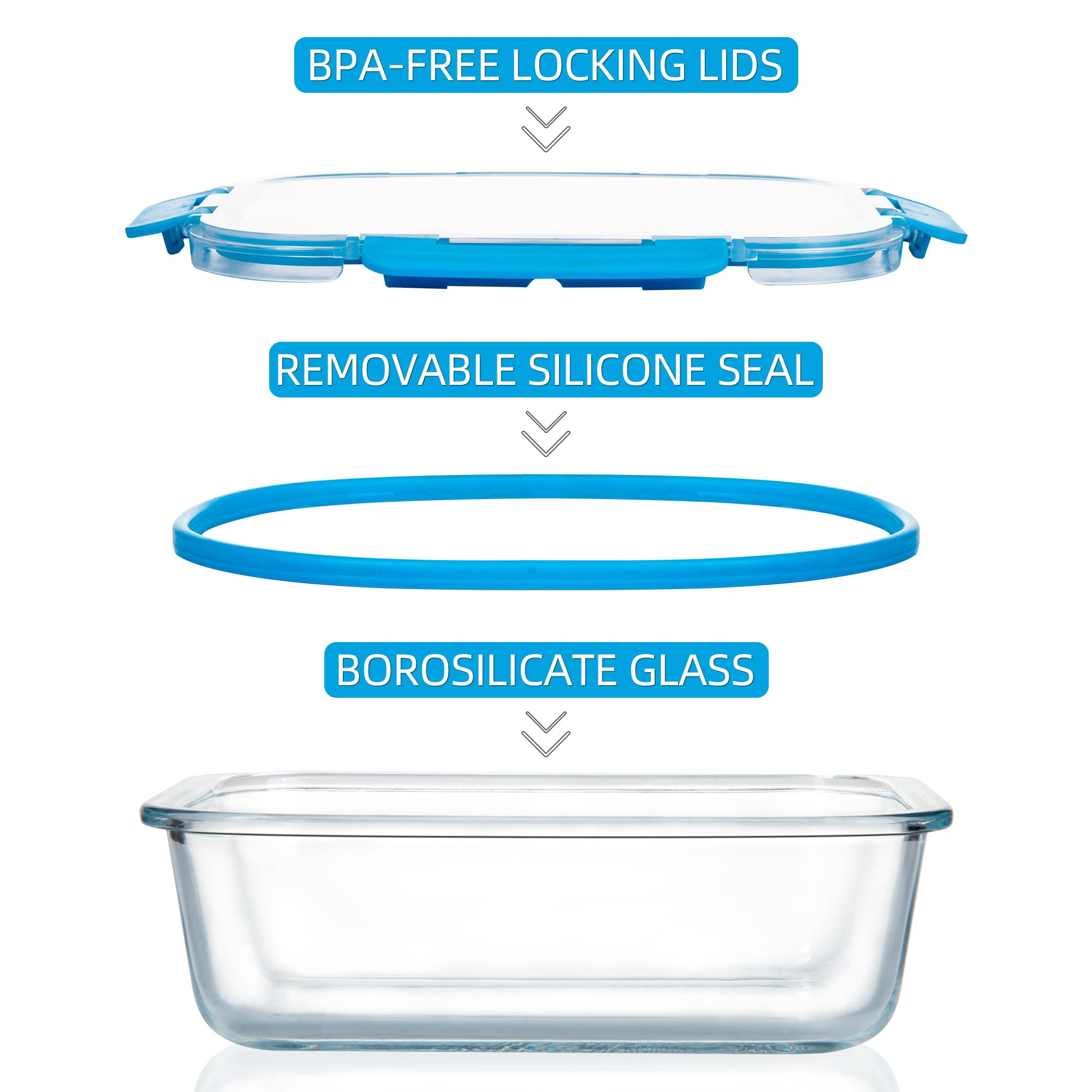 FAWLES 12 Pack Glass Meal Prep Containers with Airtight Lids, Leak-Proof Food Storage Containers, Dishwasher/Microwave/Oven/Freezer Safe Glass Containers for Lunch, Leftovers, to Go (Blue)