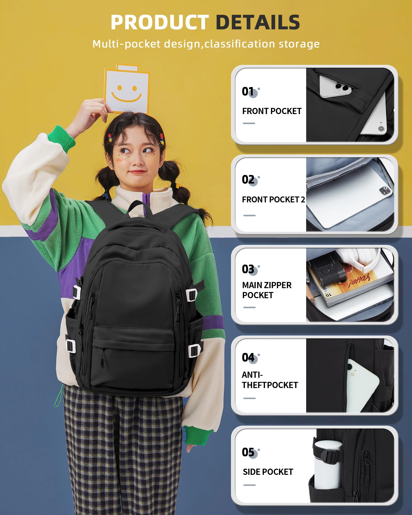 Lightweight Backpack for Women, Large Laptop Travel Backpack Casual Daypack College Bag Rucksack for Men. Black