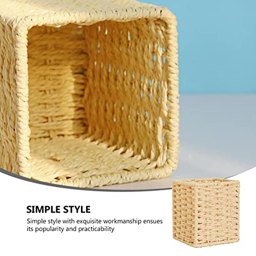 Cabilock Wicker Pencil Holder Nature Rattan Makeup Brush Cup Square Pen Holder Cutlery Silverware Caddy Holder Wicker Storage Basket Woven Flower Pots Desktop Sundries Container Basket