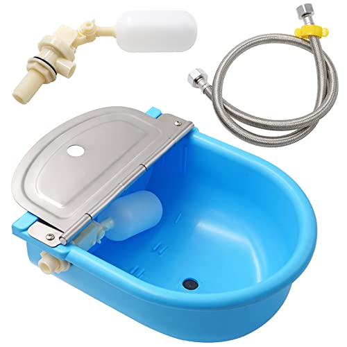 MINYULUA Automatic Waterer Bowl Large Horse Watering Bowl with Float Valve, Drain Plug & Braided Hose, Livestock Water Trough for Dog Goat Cattle Sheep Pig, Light Blue