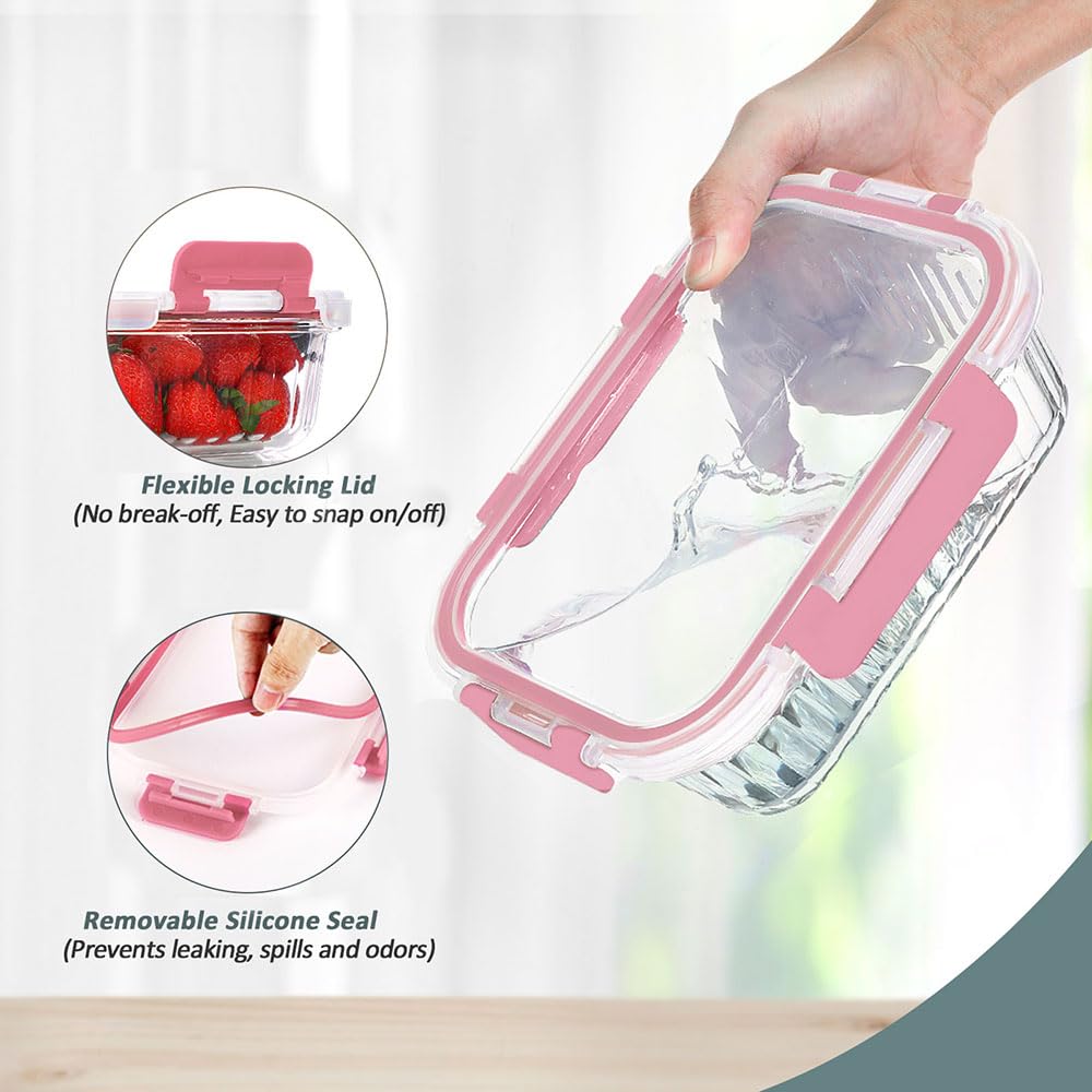 KOMUEE 10 Packs Glass Meal Prep Containers with Lids, Glass Food Storage Containers Set, Airtight Lunch Containers, Microwave, Oven, Freezer and Dishwasher Safe, Pink