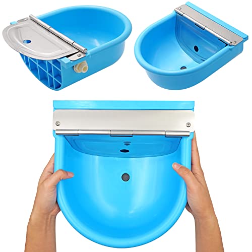 MINYULUA Automatic Waterer Bowl Large Horse Watering Bowl with Float Valve, Drain Plug & Braided Hose, Livestock Water Trough for Dog Goat Cattle Sheep Pig, Light Blue