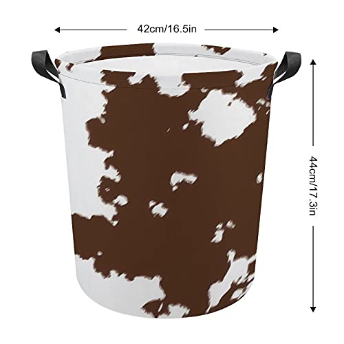 Laundry Basket Realistic Brown Cow Hide Animal Print Foldable Self-Standing Portable Washing Storage Tote Bag with Handles