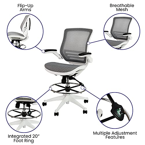 EMMA + OLIVER Gray Mid-Back Mesh Drafting Chair with White Frame and Flip-Up Arms