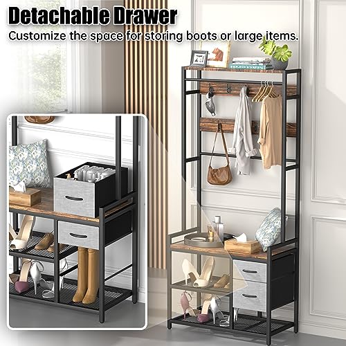 DDJ Hall Tree with Bench and Shoe Storage, Entryway Bench with Coat Rack with Shoe Storage, 7-in-1 Entryway Coat Rack with Hooks and Hanging Rod, 11.8 x 33.1 x 70.9 in, Rustic Brown and Black