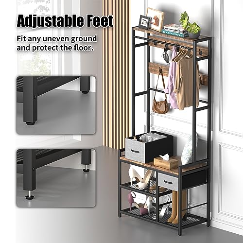 DDJ Hall Tree with Bench and Shoe Storage, Entryway Bench with Coat Rack with Shoe Storage, 7-in-1 Entryway Coat Rack with Hooks and Hanging Rod, 11.8 x 33.1 x 70.9 in, Rustic Brown and Black