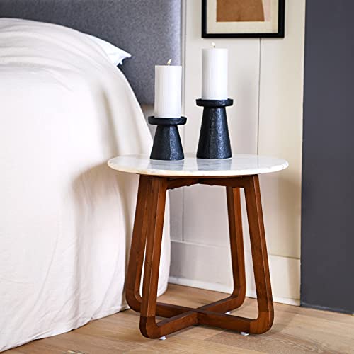 Main + Mesa Modern Boho Round End Table with Genuine Marble Top and Solid Wood Legs, White and Walnut