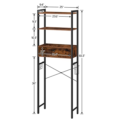 HOOBRO Over The Toilet Storage, 3 Tier Bathroom Organizer Shelf with Drawers, Freestanding Bathroom Space Saver with Toilet Paper Holder and Hook, Saving Space, Rustic Brown BF45TS01