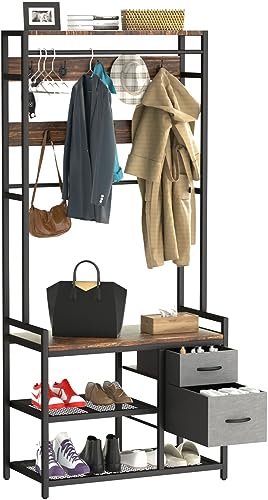 DDJ Hall Tree with Bench and Shoe Storage, Entryway Bench with Coat Rack with Shoe Storage, 7-in-1 Entryway Coat Rack with Hooks and Hanging Rod, 11.8 x 33.1 x 70.9 in, Rustic Brown and Black