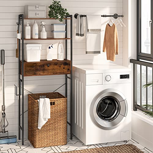 HOOBRO Over The Toilet Storage, 3 Tier Bathroom Organizer Shelf with Drawers, Freestanding Bathroom Space Saver with Toilet Paper Holder and Hook, Saving Space, Rustic Brown BF45TS01