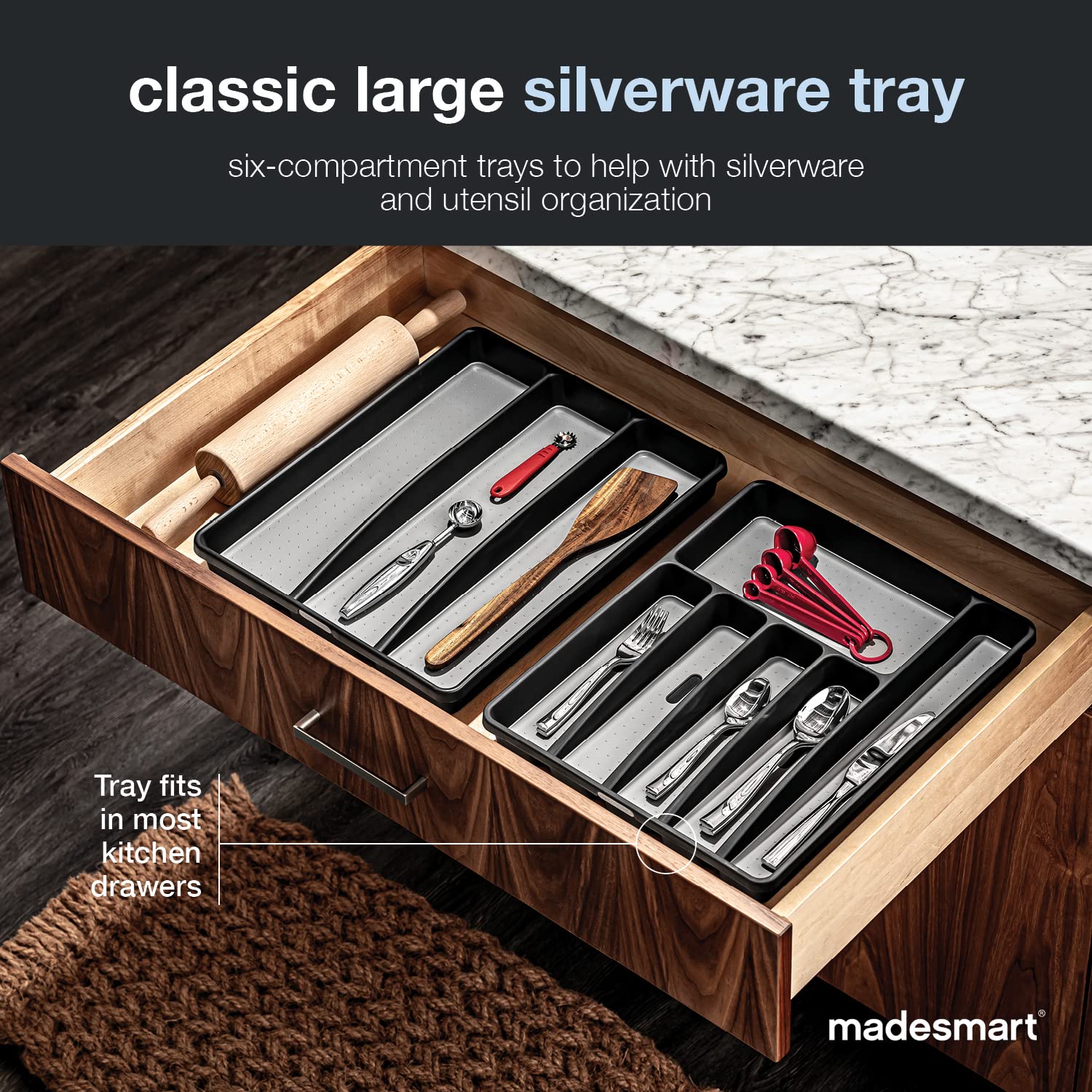 madesmart Classic Large Silverware Tray - Granite |CLASSIC COLLECTION | 6-Compartments| Kitchen Drawer Organizer | Soft-Grip Lining and Non-Slip Rubber Feet | BPA-Free