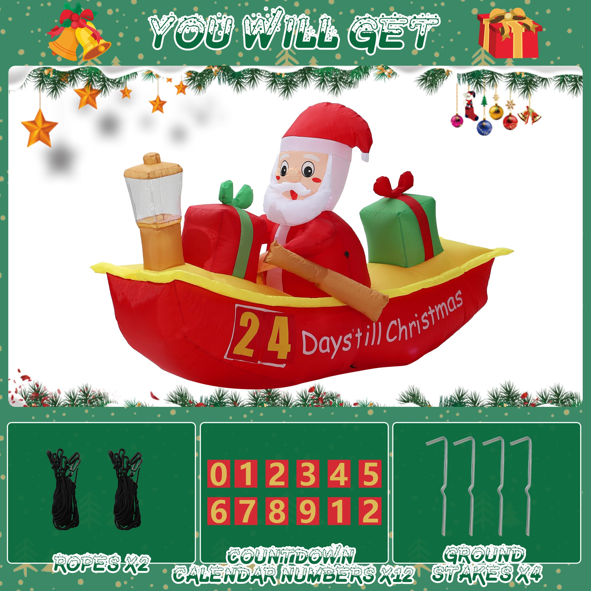 M MINGLE Christmas Inflatables Santa Claus, 7 FT Santa Inflatables Outdoor Decorations Countdown to Christmas, Blow up Yard Decorations Built-in LED Lights for Holiday Lawn Garden