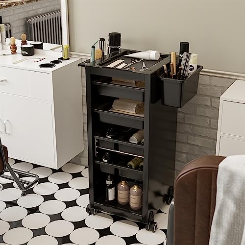 Paddie Salon Rolling Cart for Hair Stylist, 4 Organized Drawers, 2 Storage Baskets, Hairdryer & Tools Holder, Flexible Combination