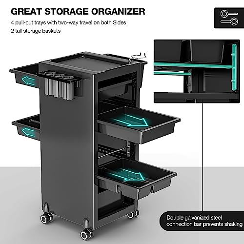 Paddie Salon Rolling Cart for Hair Stylist, 4 Organized Drawers, 2 Storage Baskets, Hairdryer & Tools Holder, Flexible Combination