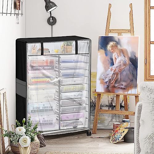 Utility Cart Cover, 15 Drawer Rolling Cart Cover, Fits Racks 25" Lx14''Dx36''H One Side See Through Panel, Without Rolling Cart (Cover Only)