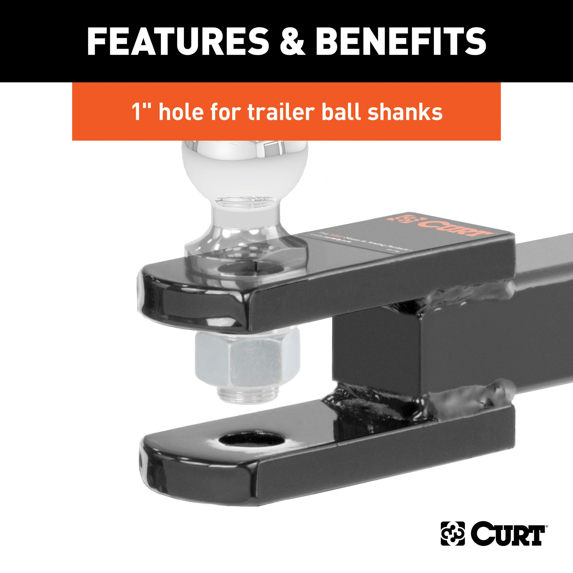 CURT 45821 Clevis Pin Hitch Ball Mount, Fits 2-Inch Receiver, 6,000 lbs, 1-Inch Hole, GLOSS BLACK POWDER COAT