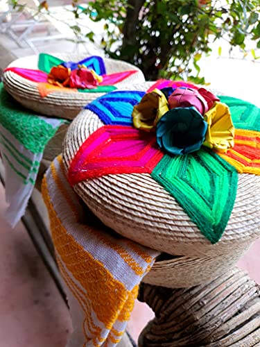 Jacq and Jürgen Tortillero Sombrero and Pancake Handwoven Basket and Handloomed Tortilla Cloth 2 Pack Warmer Keeper Bundle 100 percent Palm Mexican Art - Multicolor (Multicolor3), Medium and Large.
