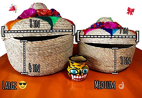 Jacq and Jürgen Tortillero Sombrero and Pancake Handwoven Basket and Handloomed Tortilla Cloth 2 Pack Warmer Keeper Bundle 100 percent Palm Mexican Art - Multicolor (Multicolor3), Medium and Large.