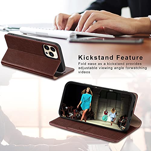 Belemay Compatible with iPhone 13 Pro Max Case Wallet, Protective Genuine Leather Flip with RFID Blocking Card Holders [Undetachable Interior Shell] Folio Cover for Men Women (6.7-inch 2021) Brown