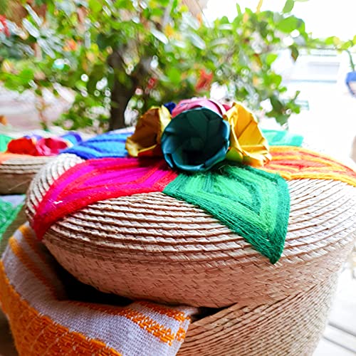 Jacq and Jürgen Tortillero Sombrero and Pancake Handwoven Basket and Handloomed Tortilla Cloth 2 Pack Warmer Keeper Bundle 100 percent Palm Mexican Art - Multicolor (Multicolor3), Medium and Large.