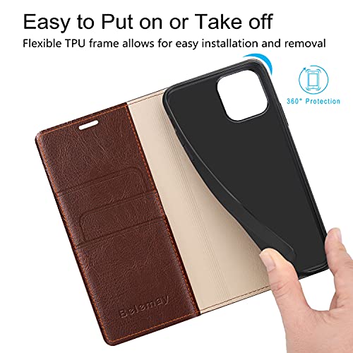 Belemay Compatible with iPhone 13 Pro Max Case Wallet, Protective Genuine Leather Flip with RFID Blocking Card Holders [Undetachable Interior Shell] Folio Cover for Men Women (6.7-inch 2021) Brown