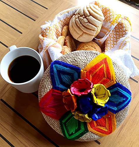Jacq and Jürgen Tortillero Sombrero and Pancake Handwoven Basket and Handloomed Tortilla Cloth 2 Pack Warmer Keeper Bundle 100 percent Palm Mexican Art - Multicolor (Multicolor3), Medium and Large.