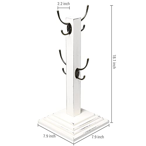 MyGift Vintage White Wood Tabletop Coffee Mug Holder Hanging Tree Rack with 4 Antique Brass Tone Double Hooks