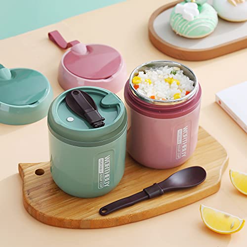 WORTHBUY Leak Proof Thermal Insulated Food Jar with Foldable Spoon, Lunch Containers Soup Cup for Kids and Adult, 16oz Capacity - Pink