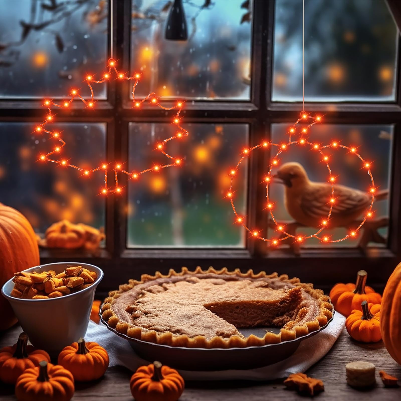 2PCS Fall Window Decoration Lights,Leaf Pumpkin Window Hanging Lights Indoor,Autumn Silhouette Lights for Thanksgiving Holiday Home Party Decor