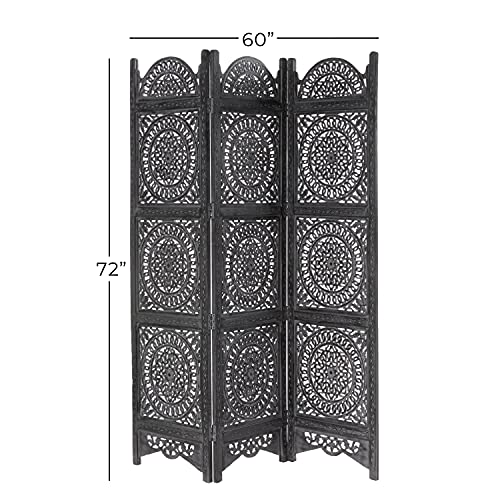 Deco 79 Wood Floral Handmade Hinged Foldable Partition 3 Panel Room Divider Screen with Intricately Carved Designs, 60" x 1" x 72", Black