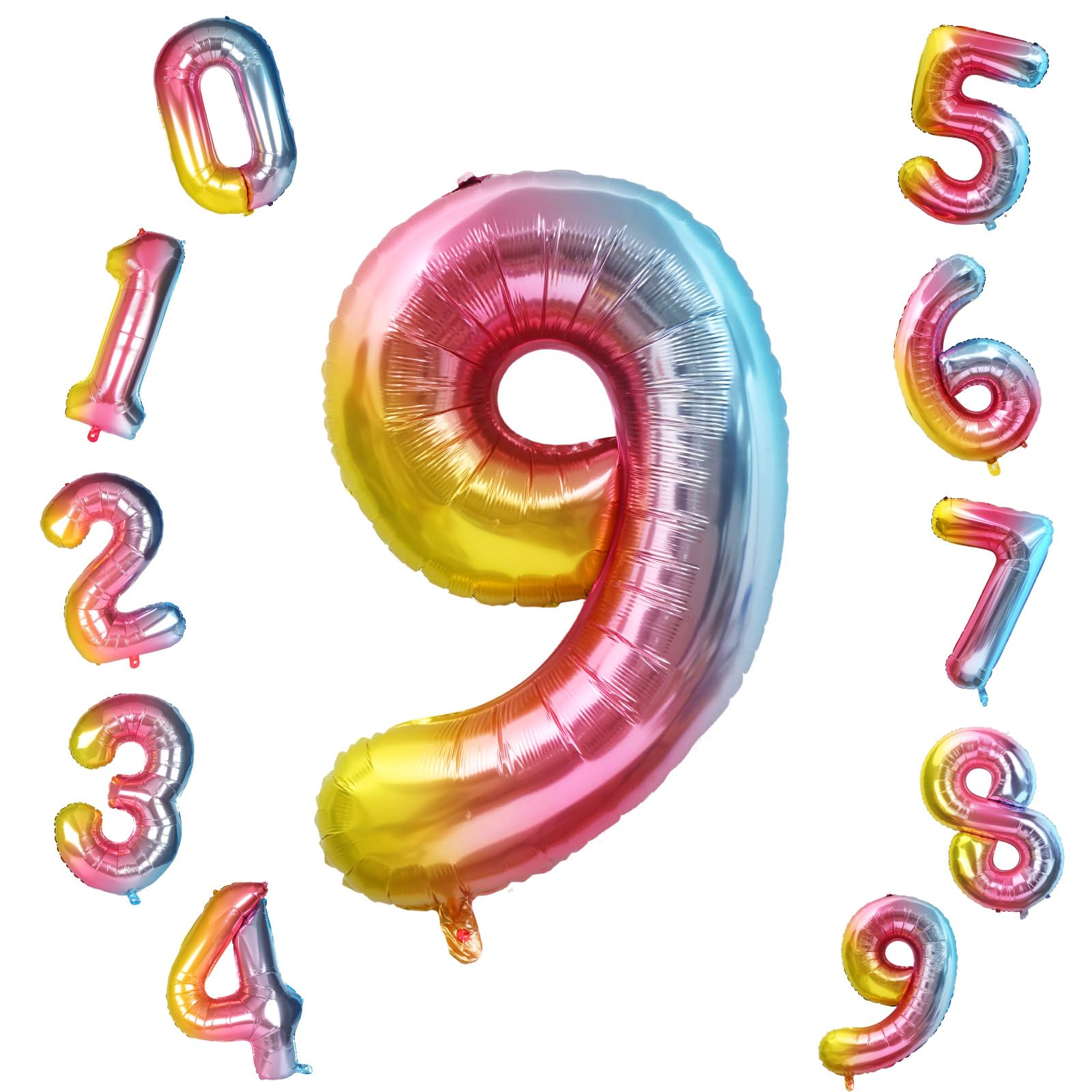 RUBFAC Number Balloons 40 Inch Large Rainbow Gradient Number 9 Balloon, 0-9 Huge Colorful Digit Foil Mylar Helium Balloons for Happy 9th 19th 29th 39th Birthday Decorations Baby Shower Party Supplies