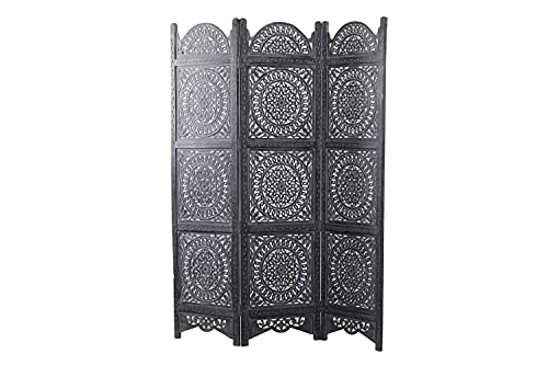 Deco 79 Wood Floral Handmade Hinged Foldable Partition 3 Panel Room Divider Screen with Intricately Carved Designs, 60" x 1" x 72", Black