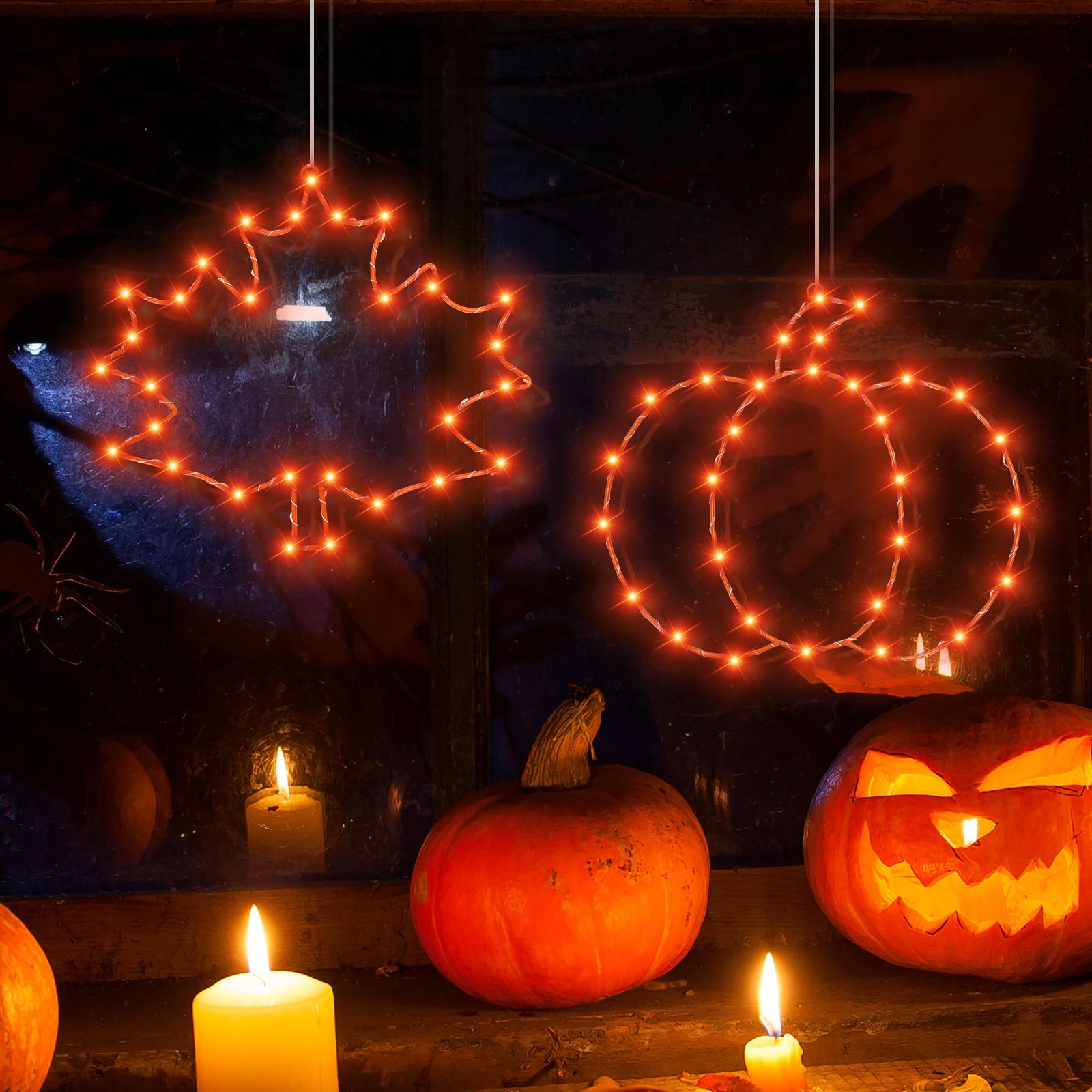 2PCS Fall Window Decoration Lights,Leaf Pumpkin Window Hanging Lights Indoor,Autumn Silhouette Lights for Thanksgiving Holiday Home Party Decor