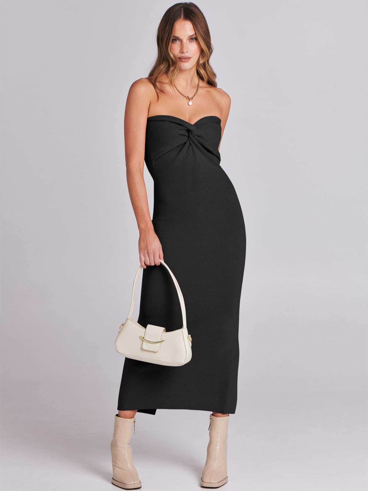 ANRABESS Womens Strapless Semi Formal Long Dress Sexy Summer Sleeveless Bodycon Cocktail Party Evening Date Sweater Dresses Black Small