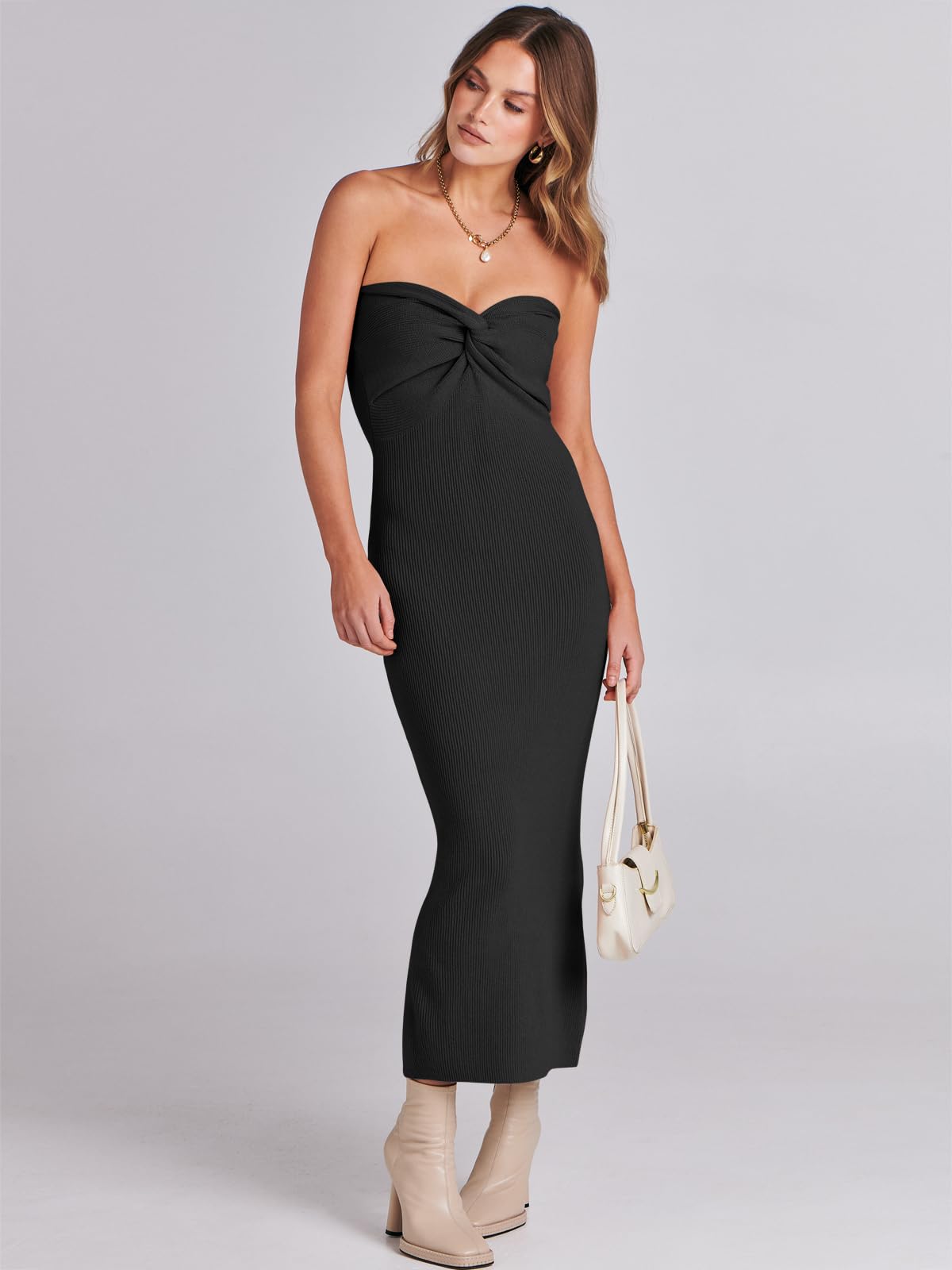 ANRABESS Womens Strapless Semi Formal Long Dress Sexy Summer Sleeveless Bodycon Cocktail Party Evening Date Sweater Dresses Black Small