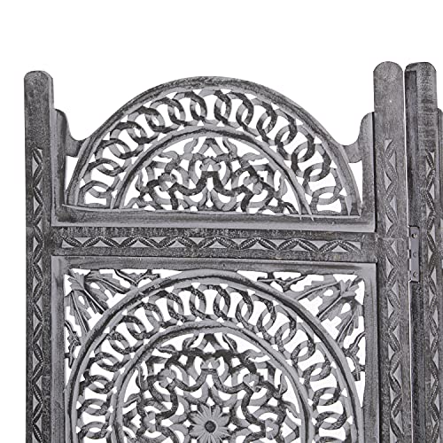 Deco 79 Wood Floral Handmade Hinged Foldable Partition 3 Panel Room Divider Screen with Intricately Carved Designs, 60" x 1" x 72", Black